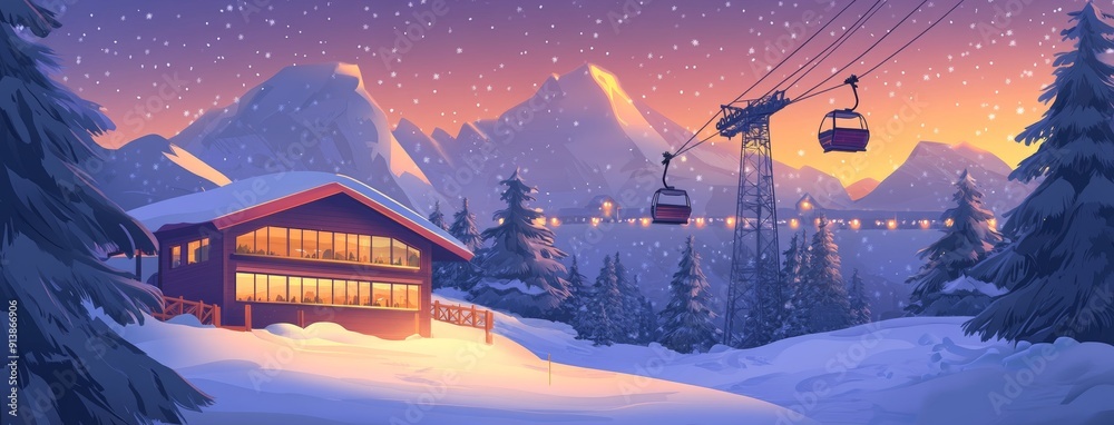 The mountain resort at night with cable cars is depicted in this modern ...