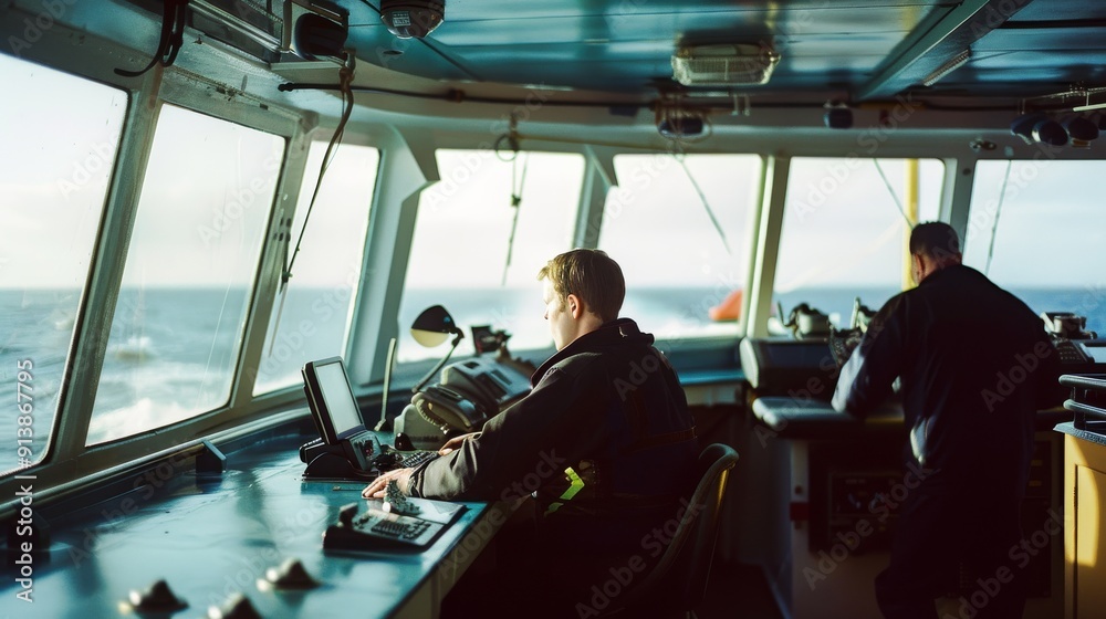 Ship crew members working diligently in the ship's control room ...