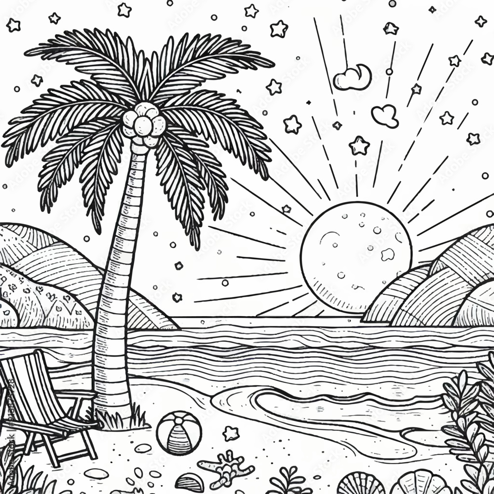 palm tree on the beach kids summer coloring page Stock Vector | Adobe Stock