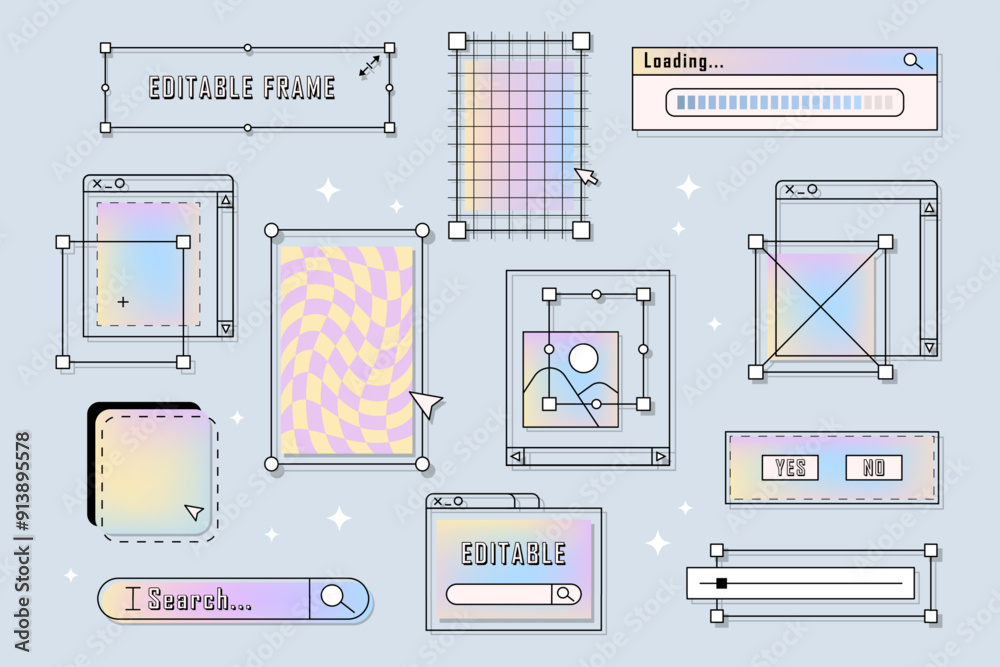 Vector retro frames or vintage computer window elements. Button and ...