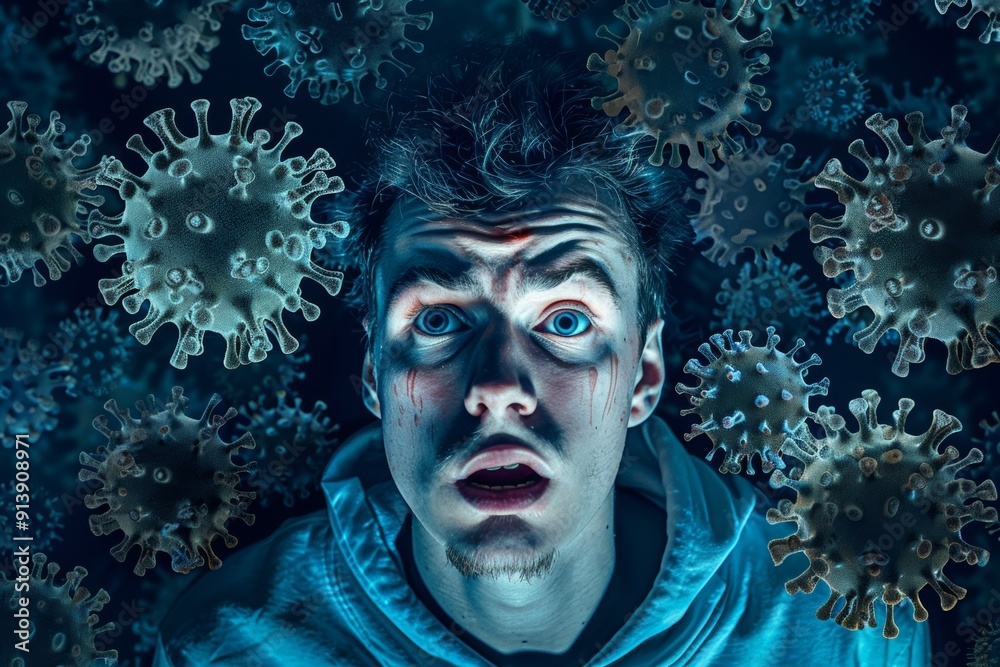 Panicked teen's face stands bustling crowd. Young man's expression of ...