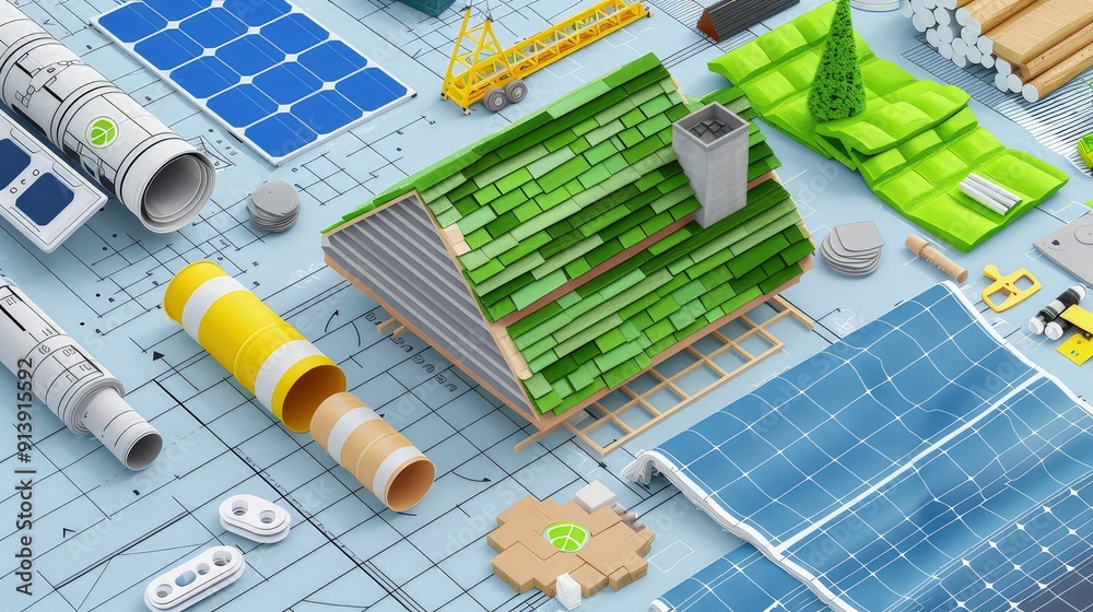 house plan blueprint, exterior of a house, 3d model of sustainable ...