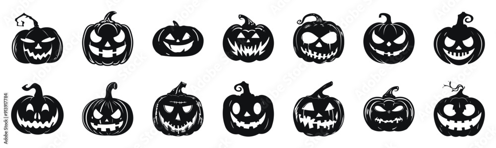 Halloween jack-o-lanterns vector silhouette illustration. Collection of ...