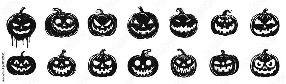 Halloween jack-o-lanterns vector silhouette illustration. Collection of ...