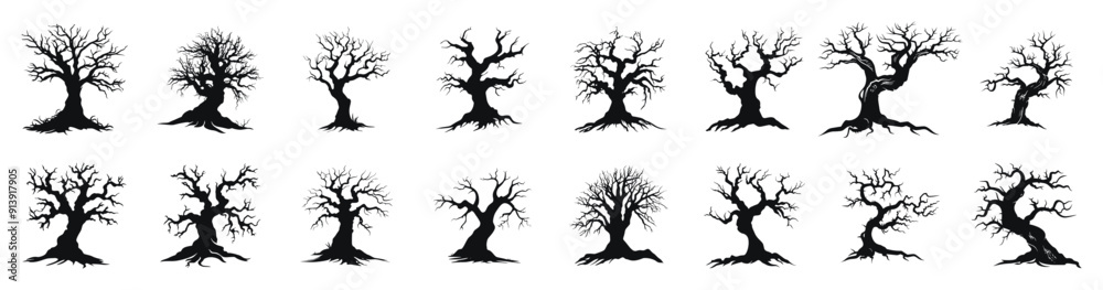 Haunted trees vector cartoon illustration. Collection of eerie, bare ...