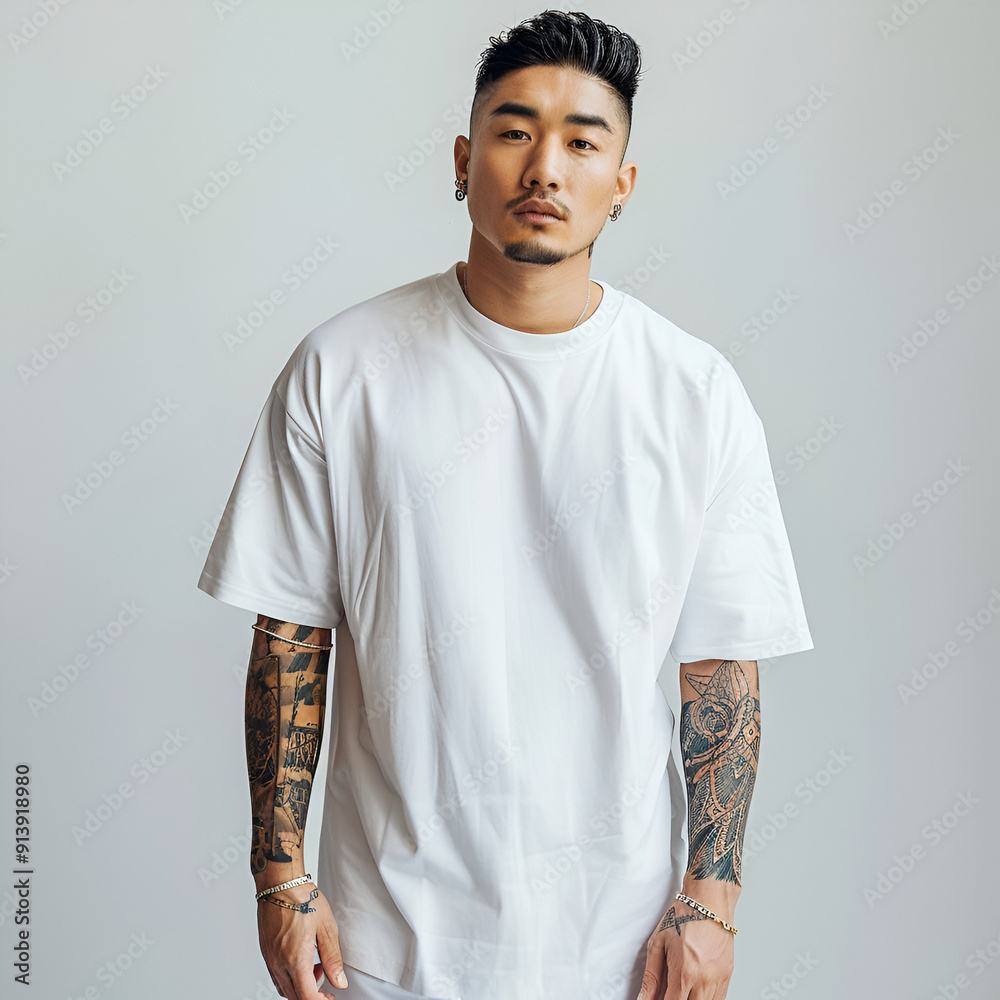 portrait of an asian male model with tattoos wearing white oversized t ...