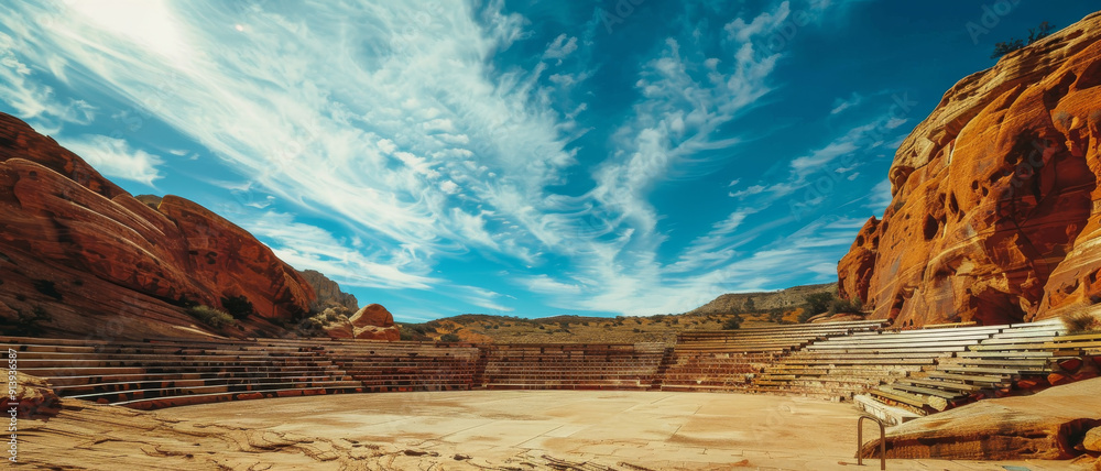 Under a vast expanse of a vibrant, cloudy sky, an amphitheater set ...