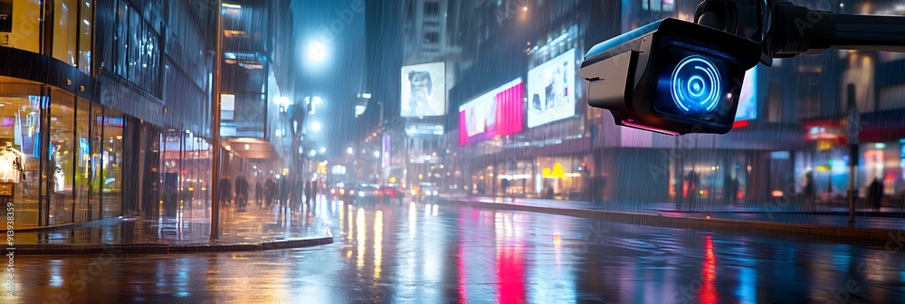 High-tech security camera with facial recognition on rainy night ...