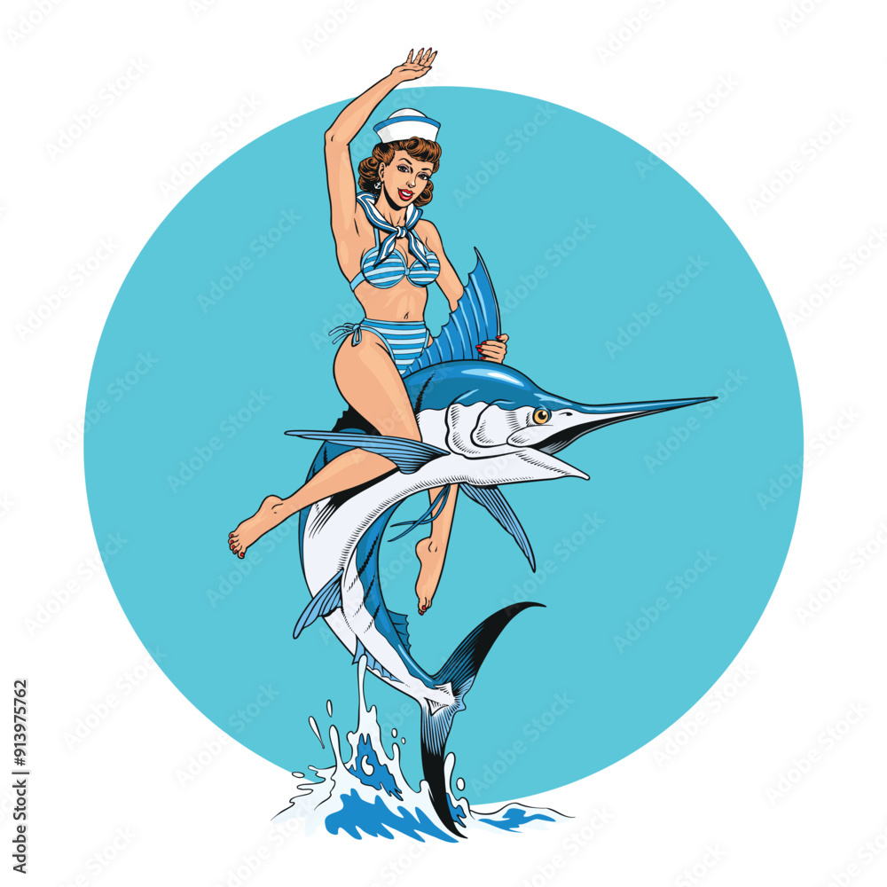Pin up girl riding blue marlin fish. Ocean fishing concept, jumping ...