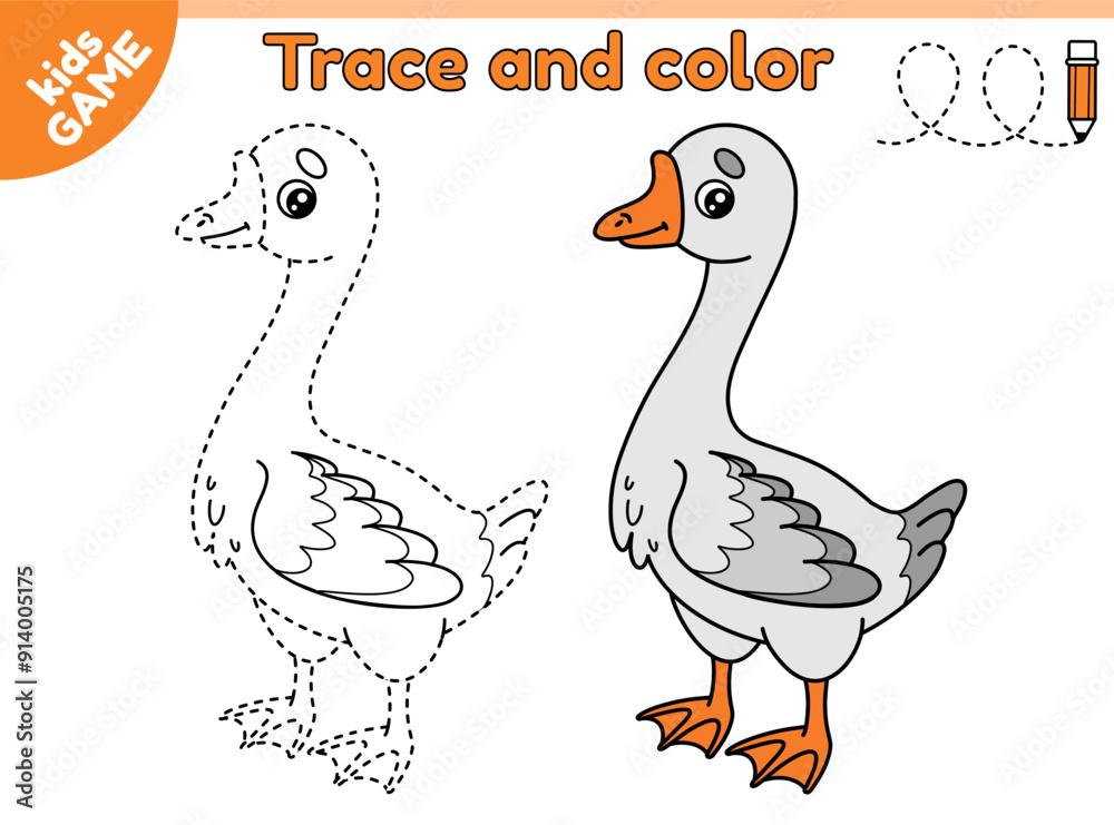 Vetor Kids educational game Tracing lines with cartoon goose. Farm bird ...