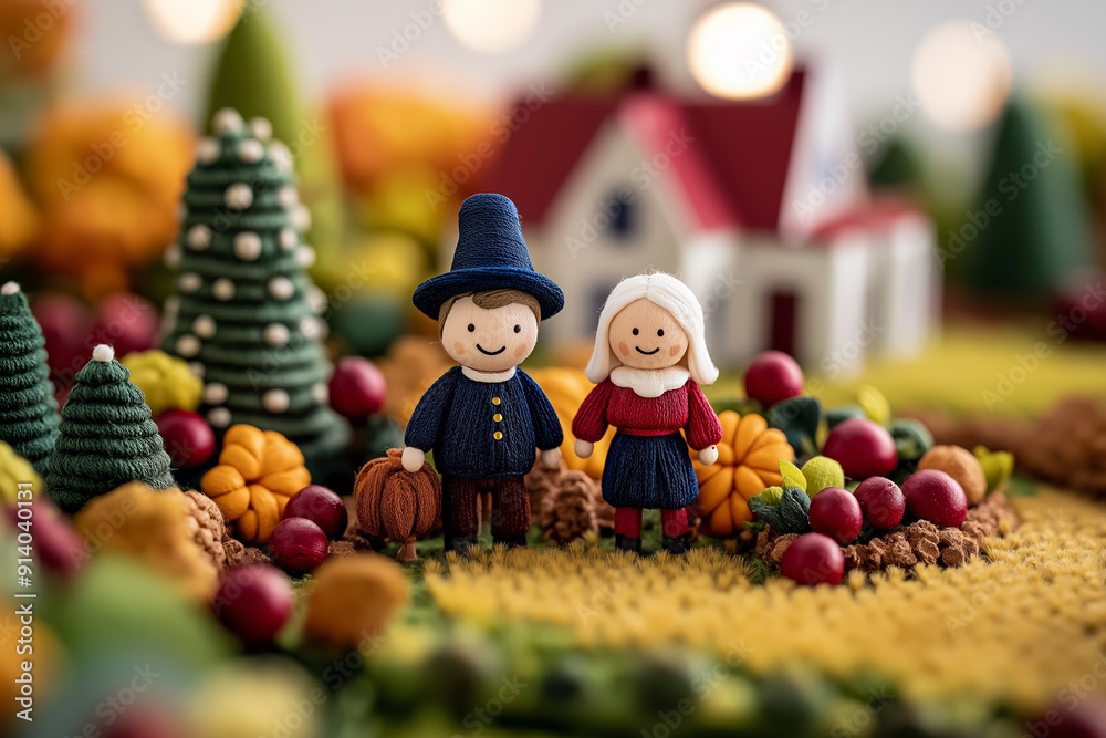 Cute clay figures of a Pilgrim couple celebrating Thanksgiving with ...