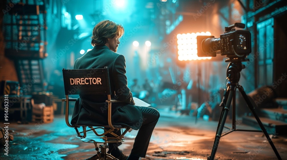 Film director watches a scene being filmed on a busy set, showing ...
