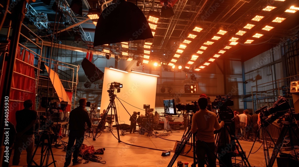 Film crew works on a movie set with top equipment, capturing scenes ...