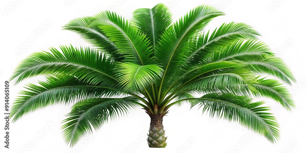 Isolated green palm tree with curved trunk and feathery leaves stands ...