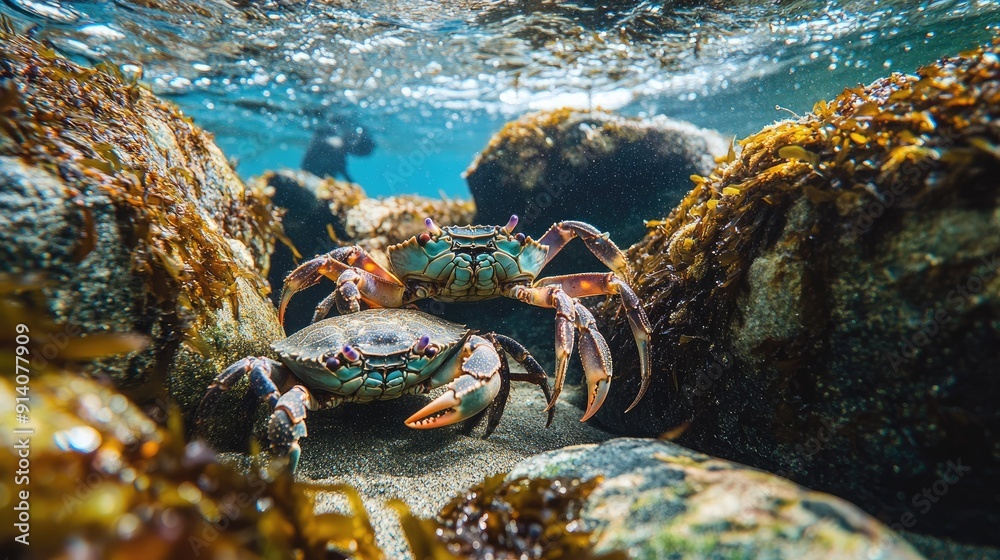 Crabs crawling among rocks in a tidal pool, their natural habitat ...