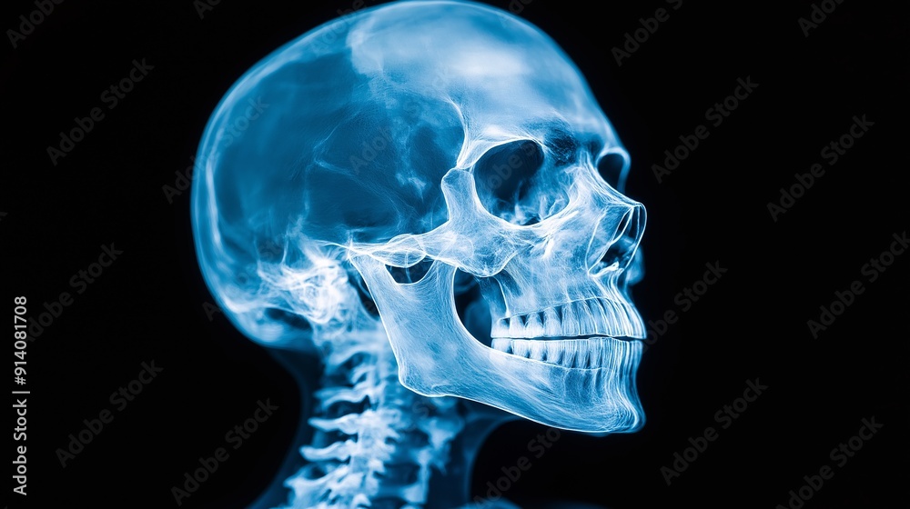 X-ray of a human skull, showcasing cranial bones and facial structure ...