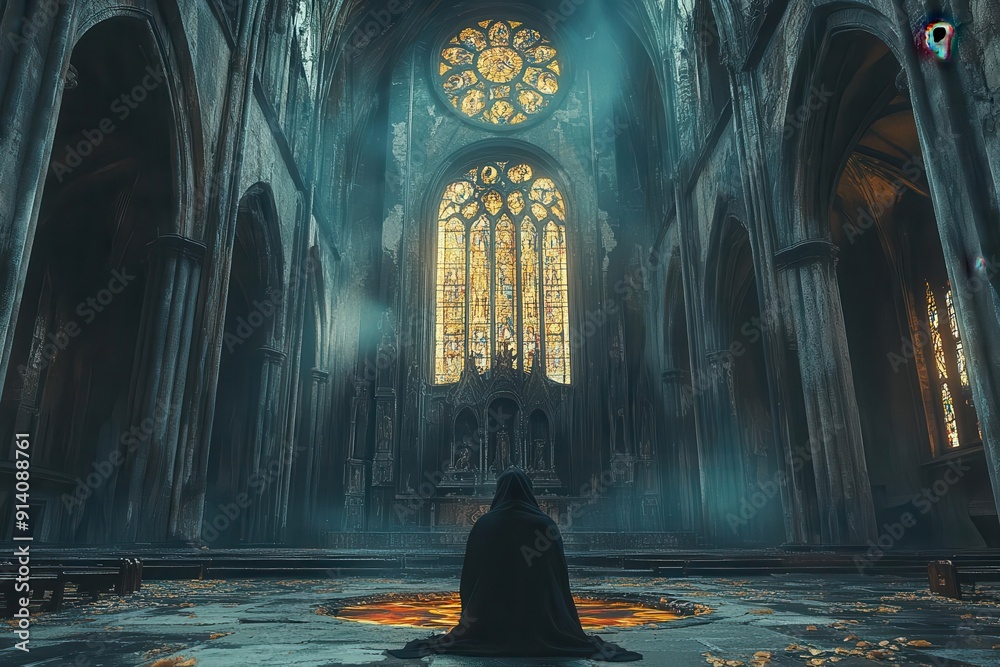 Ilustración de Stock haunting gothic cathedral interior with soaring ...