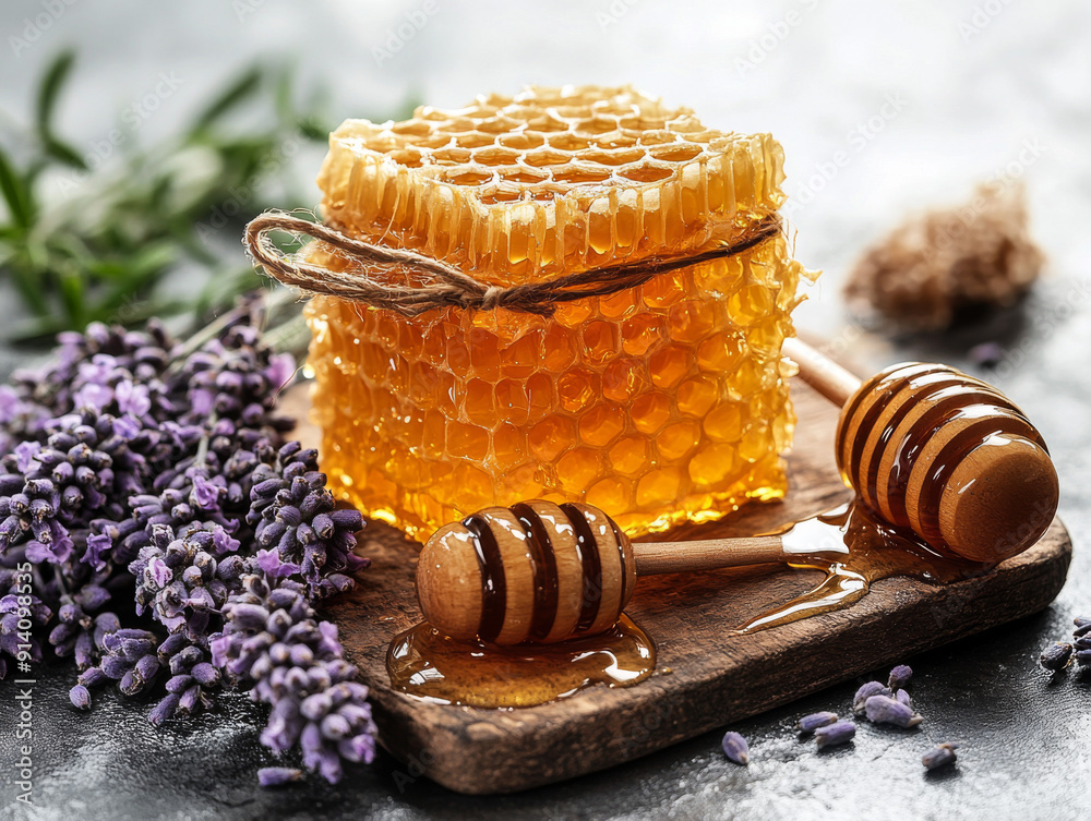 Honeycomb with honey and spoon, vector line art drawing in black on ...
