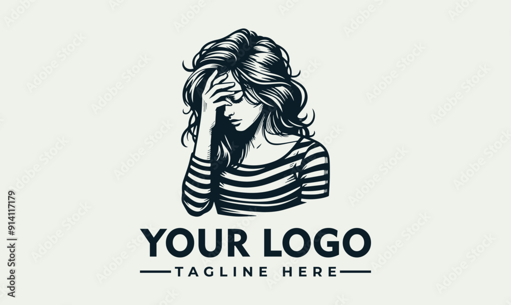 Woman with hand on forehead vector logo, striped shirt appears sad ...