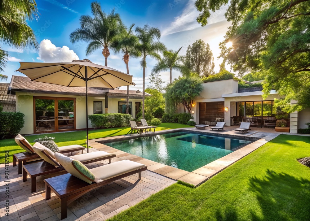 Sunny Florida backyard oasis featuring a modern house, sparkling ...