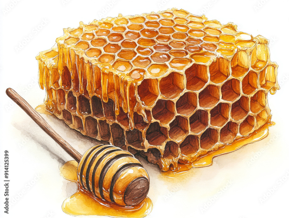 Honeycomb with honey spoon, vector black and white clip art Stock ...