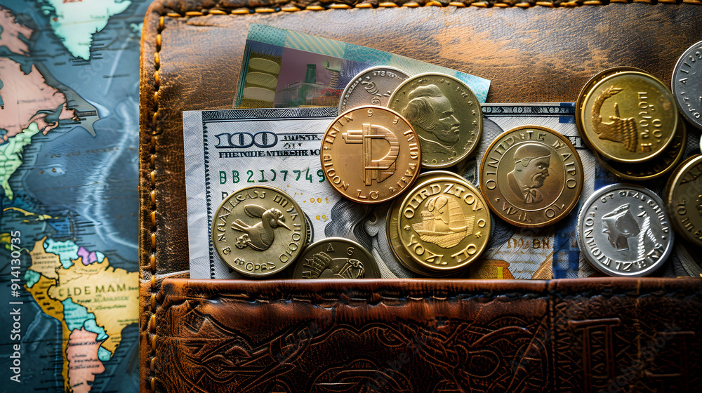 Wallet filled with bills and coins from different countries, showing ...