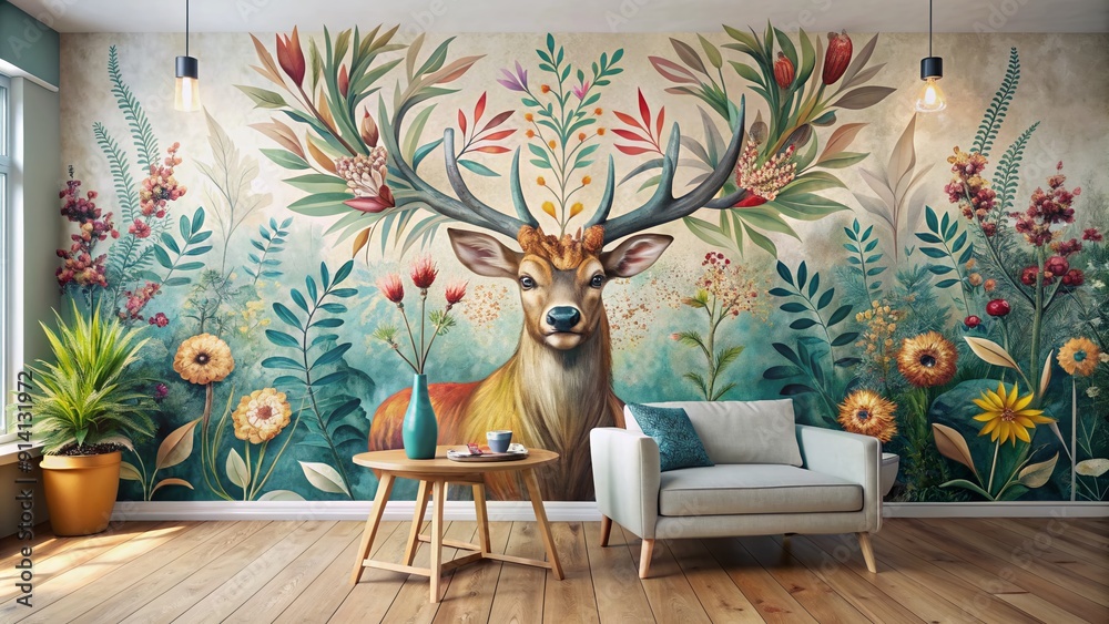 Vibrant deer mural wallpaper adorns a modern interior wall, its ...