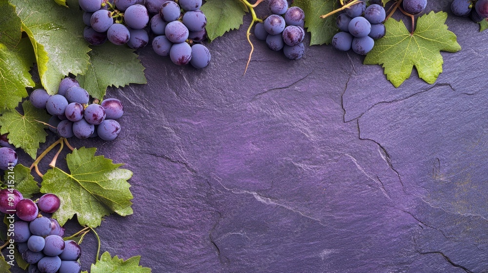 Grape vine background with a purple stone surface, featuring space for ...