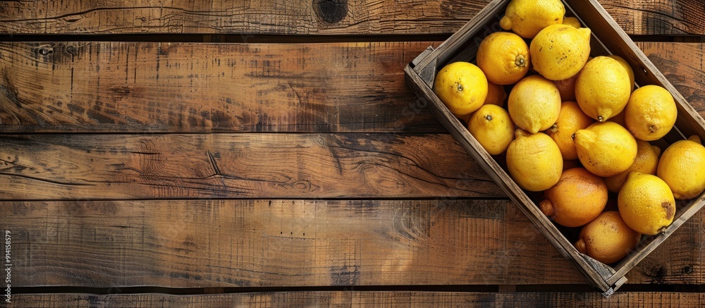 Top down view of a wooden table with a wooden crate filled with fresh ...