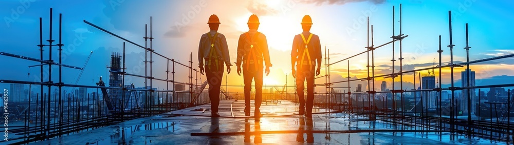 Heatwave, construction workers in hot weather, hot weather shines a ...