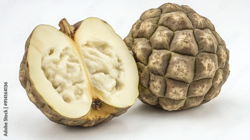 A whole custard apple with a section opened to display its creamy white ...