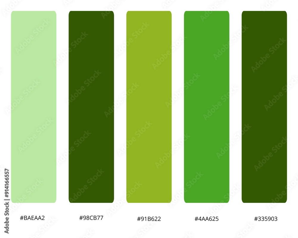 A set of green color palette of five colors with a code. A collection ...