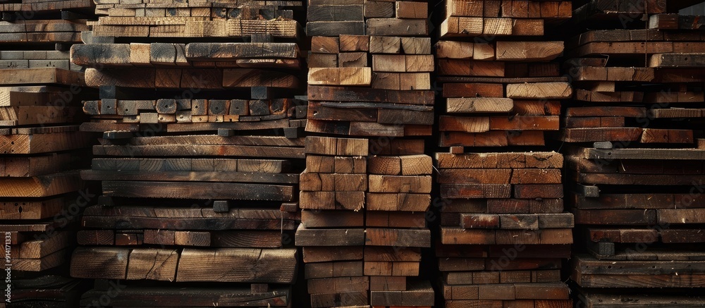 Indoors at a classic sawmill there are tall stacks of timber boards ...