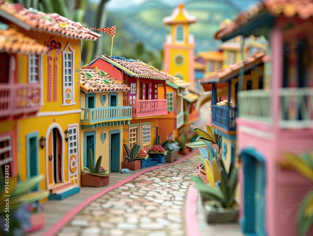 Origami Paper Town of Colonial Street in Guatape, Colombia Stock ...