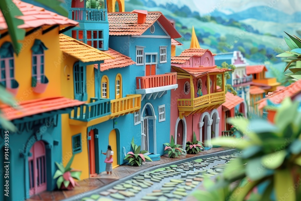 Origami Paper Town of Colonial Street in Guatape, Colombia Stock ...