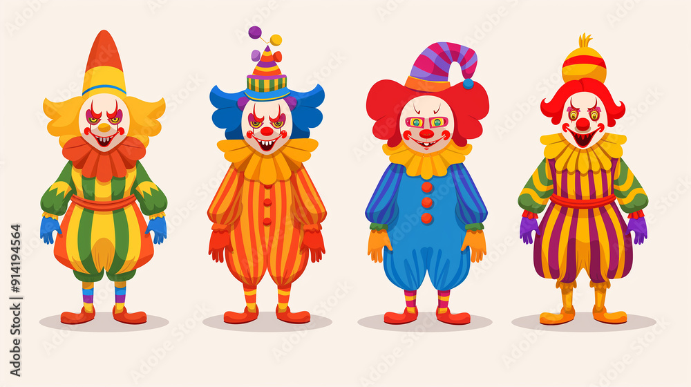 Photo Stock Four clowns dressed in various costumes, bringing joy and ...