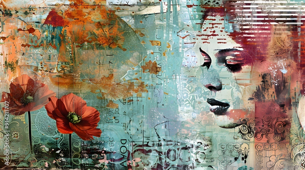 Mixed Media: A layered background combining paint, collage, and digital ...
