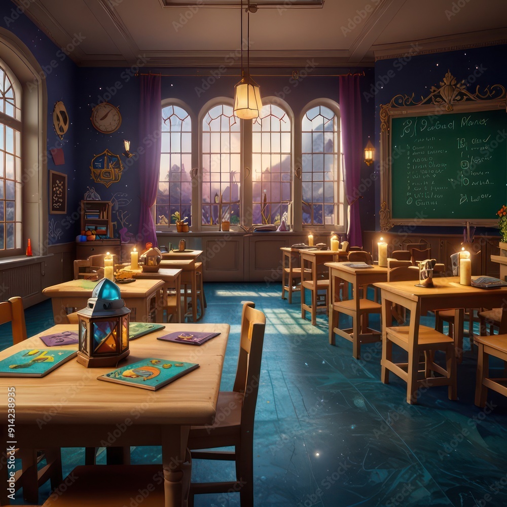 Design a scene inside a magical school, with cartoon students ...