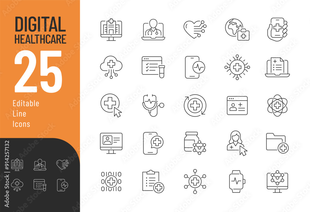 Digital Health Care Line Editable Icons set. Vector illustration in ...