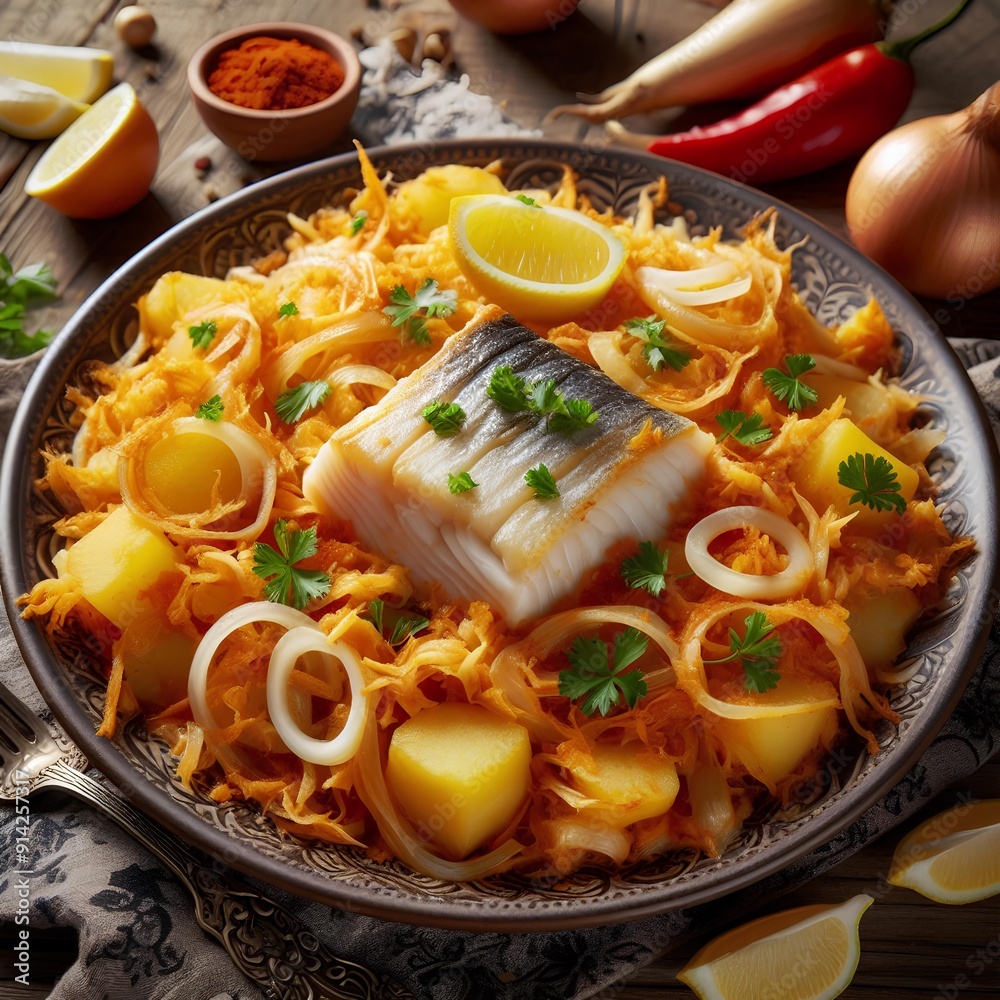 Portuguese bacalhau a bras on a plate, made with shredded salt cod ...