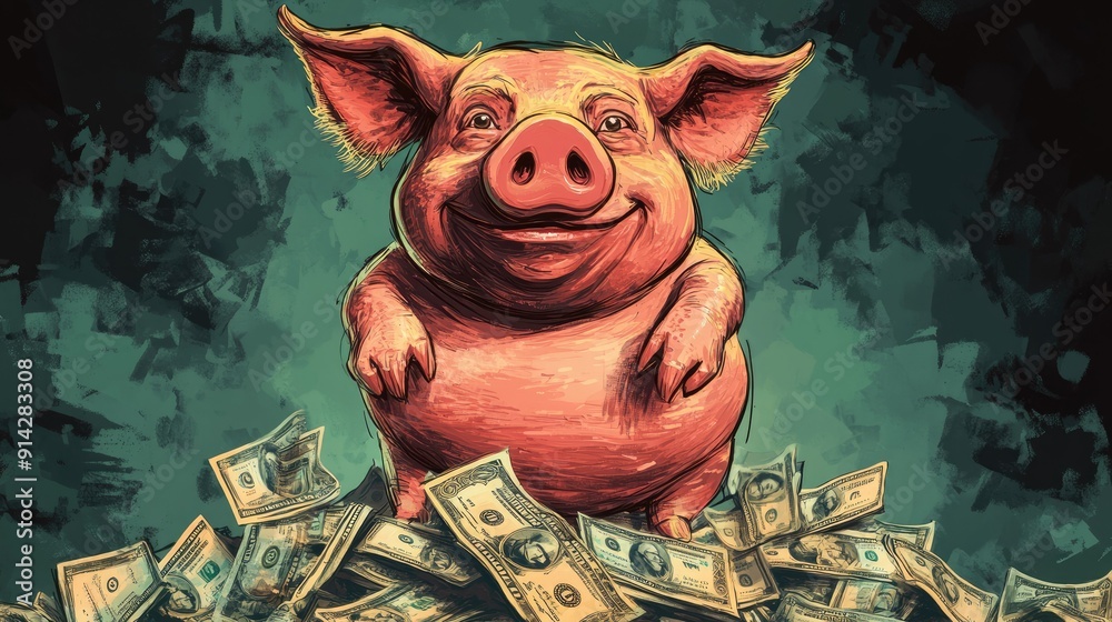 Greedy pig with overflowing cash and a smug look, illustrated in a ...