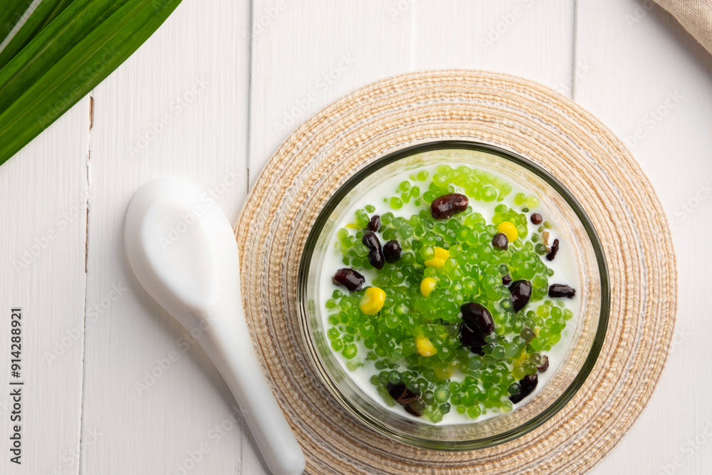 Pandan flavoured Black bean and corn Tapioca pearl pudding (Sago) with ...