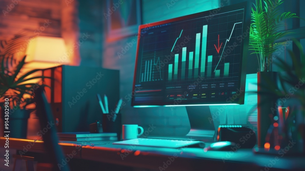 Computer monitor displaying financial charts, a keyboard, a mouse, a cup, and a plant Stock ...