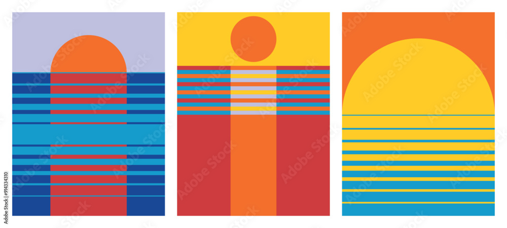Set of 3 posters design in trendy 1970s retro line style. The sea ...