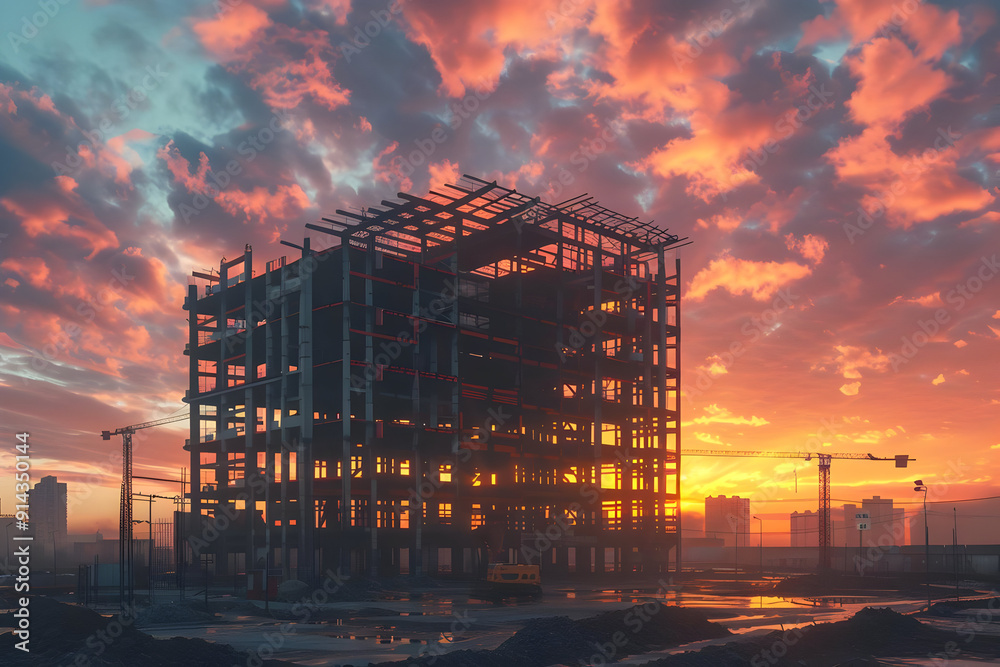 A towering building under construction at sunset, bathed in golden ...