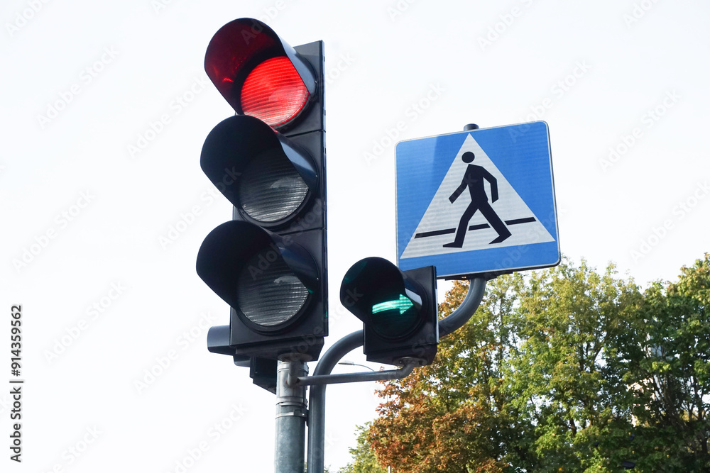 Red traffic light signal. Left and right intersection. Permission to ...