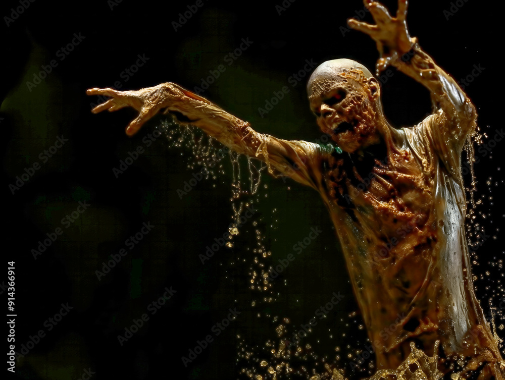 A decaying zombie with outstretched arms emerges from the ground ...