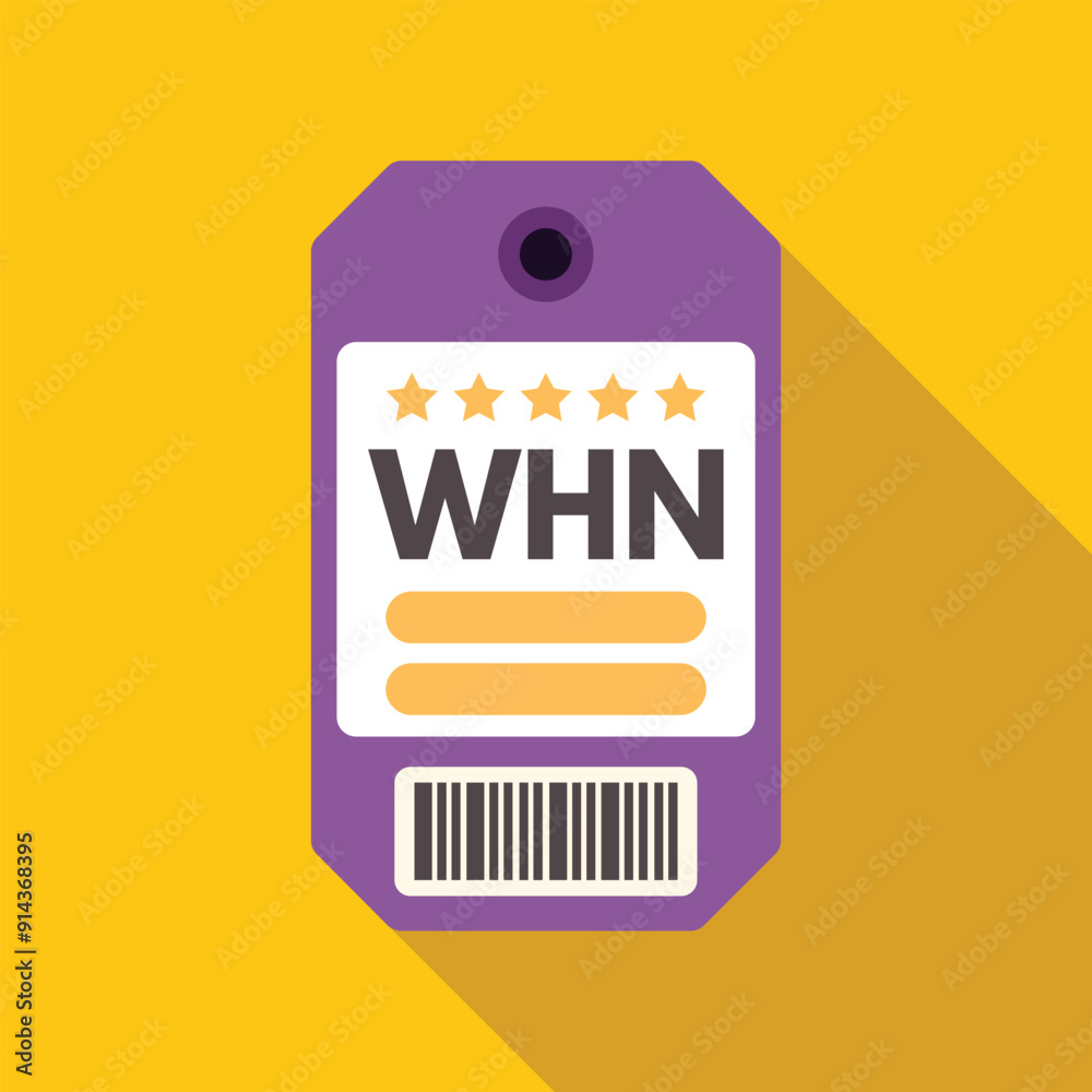 Purple price tag is displaying a five star rating and barcode ...