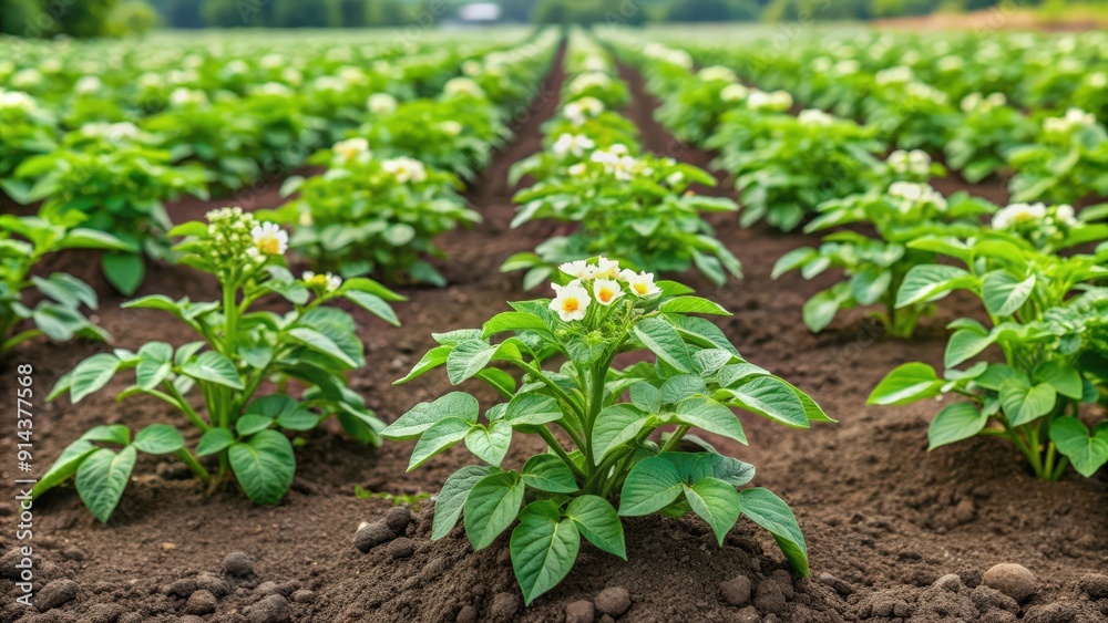 Hilling up potatoes in a garden before flowering , gardening, potatoes ...