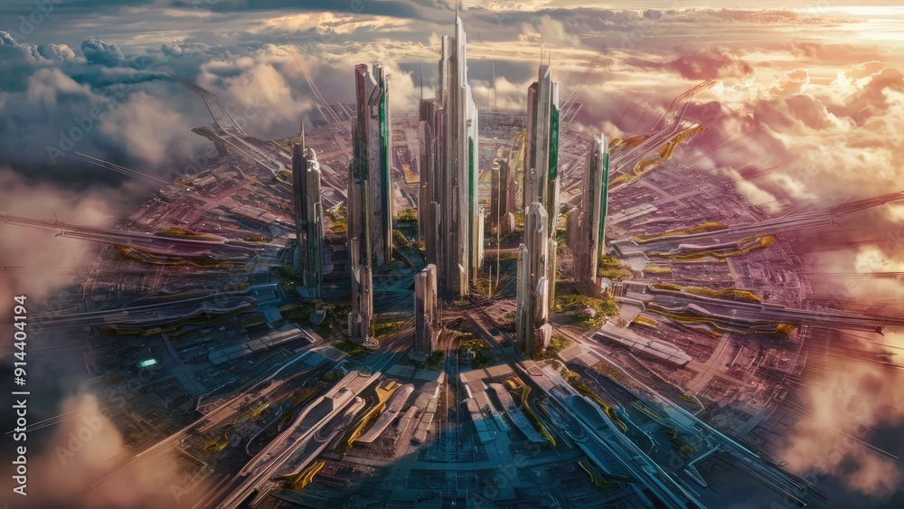 Futuristic skyscrapers rise above the clouds in an endless advanced ...